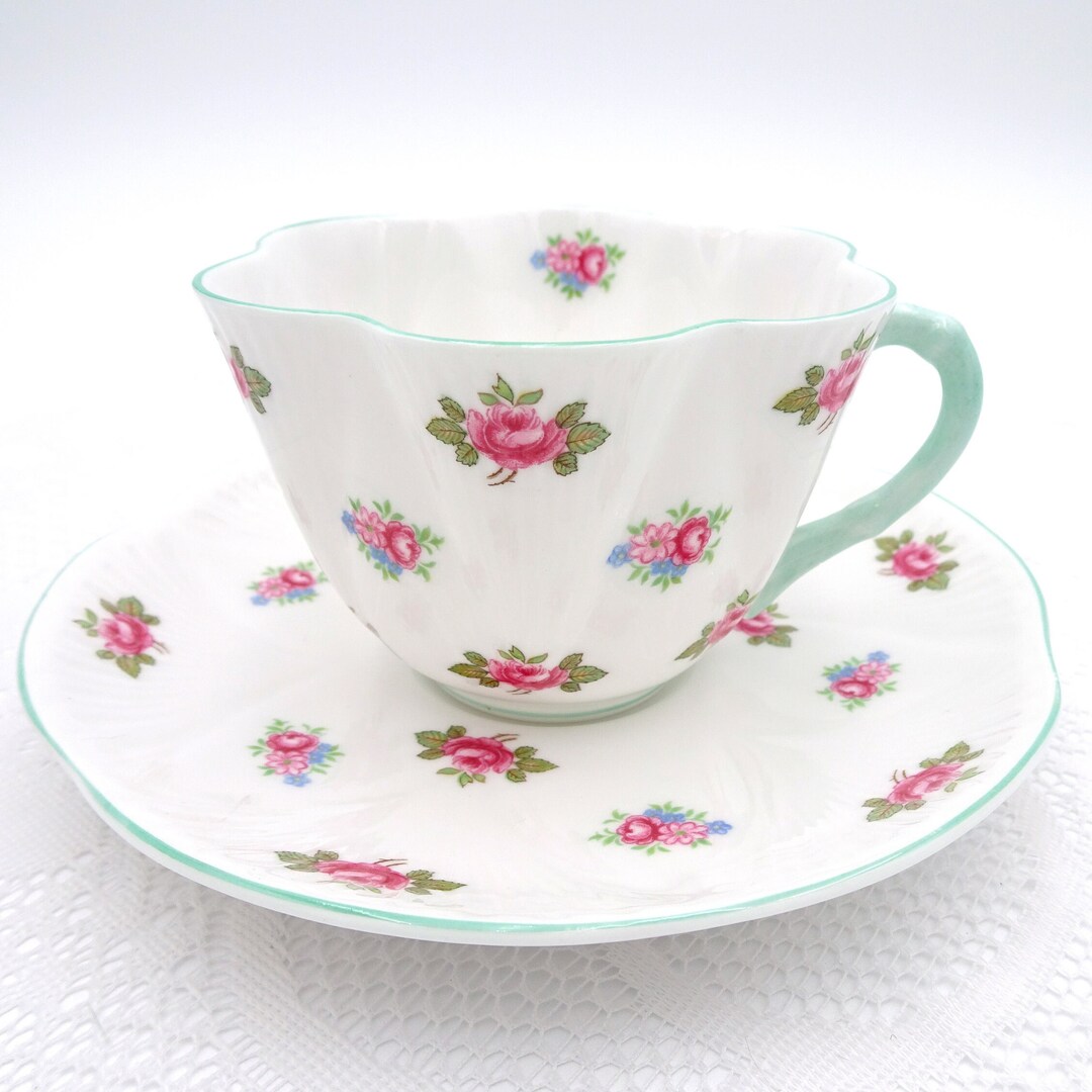 Shelley Rosebud Tea Cup and Saucer Mint Green Trim Dainty Shape Made in ...