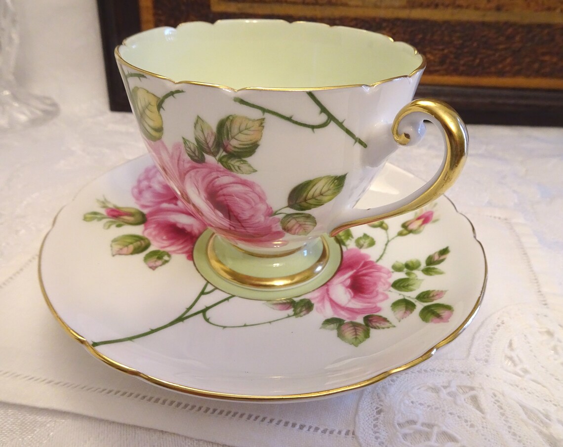 Shelley Rambler Rose Tea Cup and Saucer Green Interior Ripon - Etsy