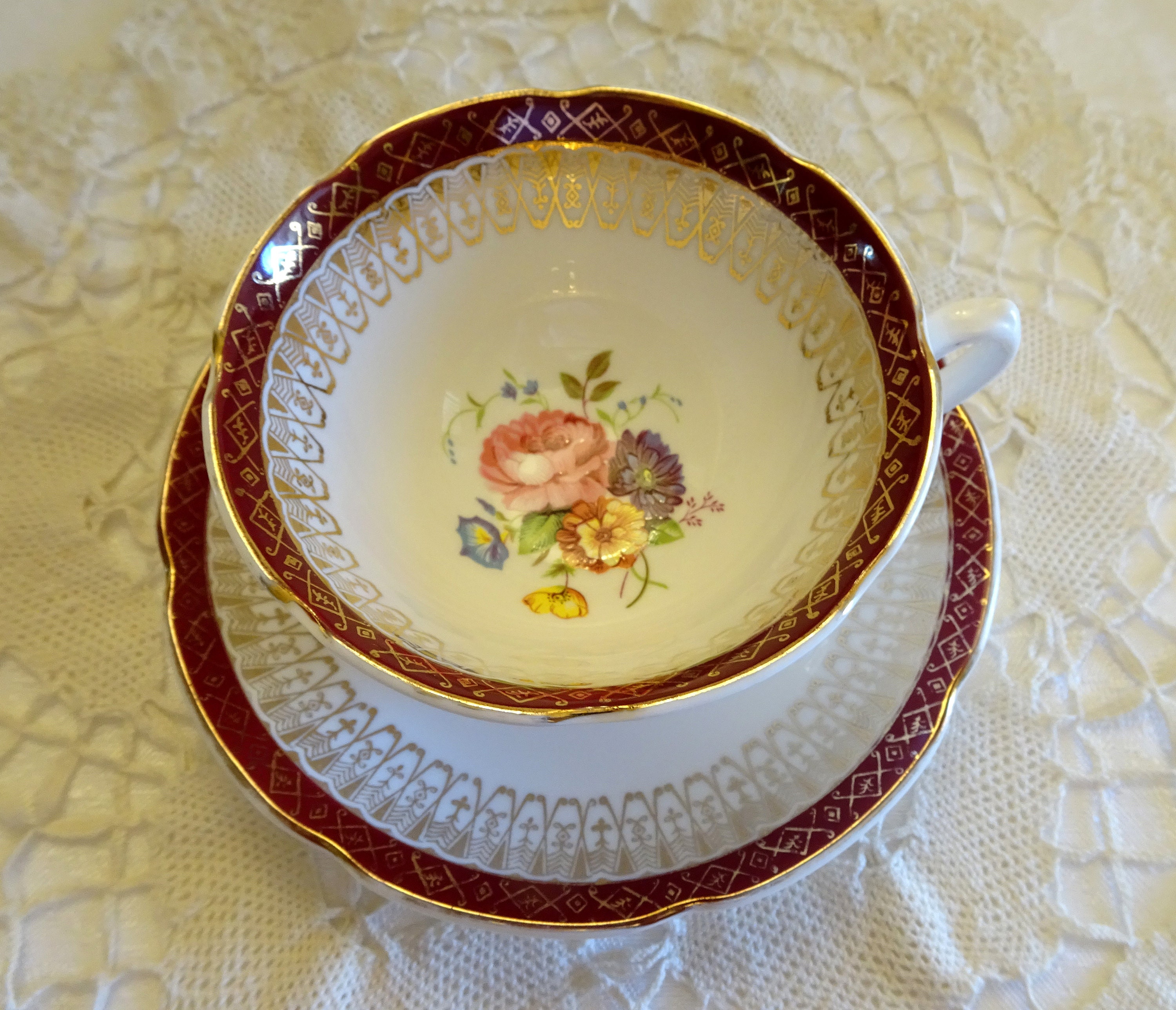 Royal Grafton Burgundy Red Floral Tea Cup and Saucer Hand | Etsy