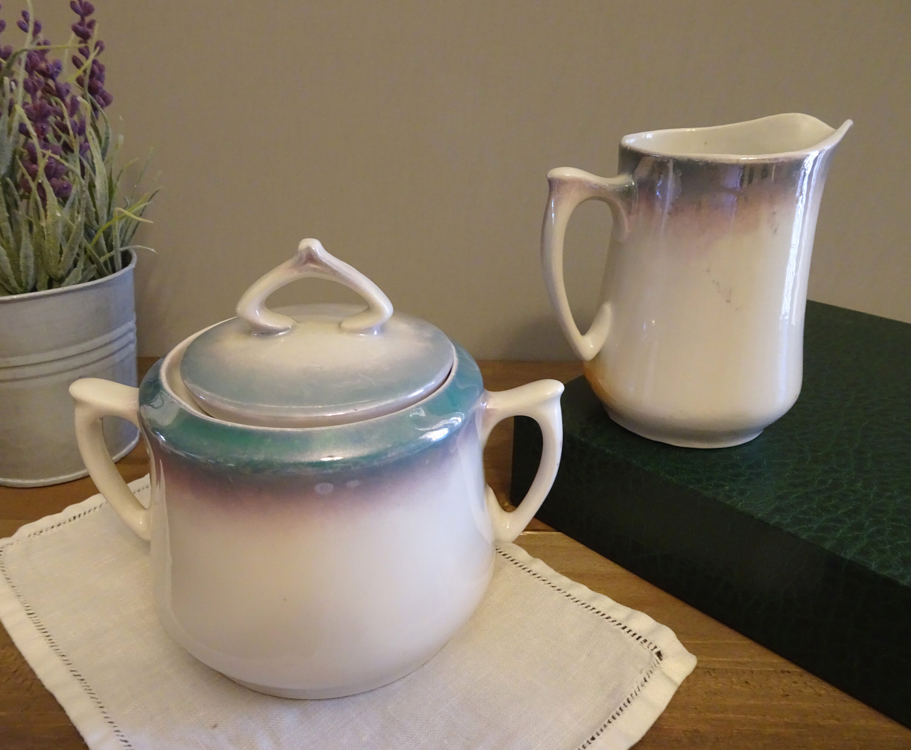 German Lusterware Sugar and Creamer Set Pink Rose Design Teal - Etsy