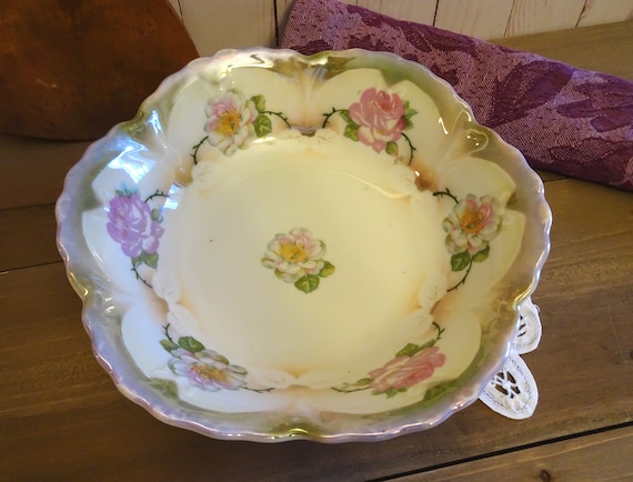 Vintage German Lusterware Serving Bowl With Rose Floral - Etsy