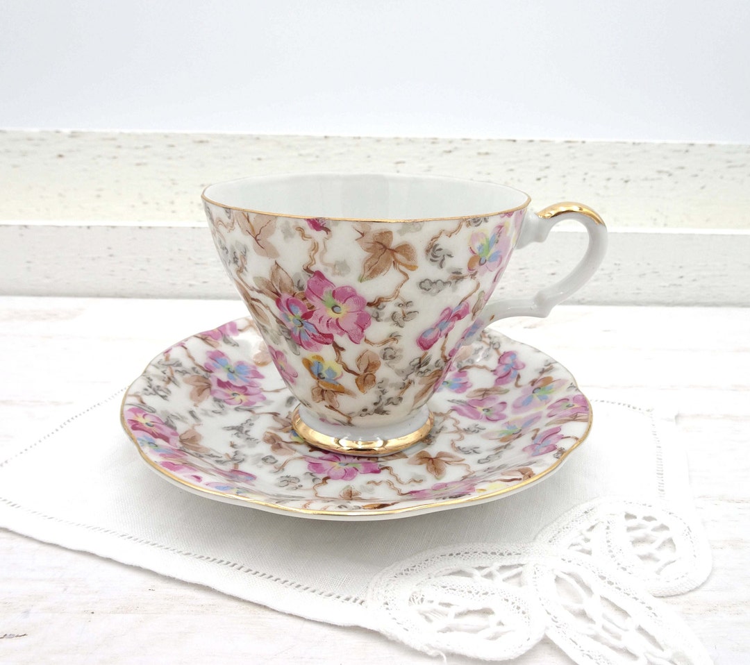 Lefton Violet Chintz Tea Cup and Saucer With Gold Trim Made in Japan No ...