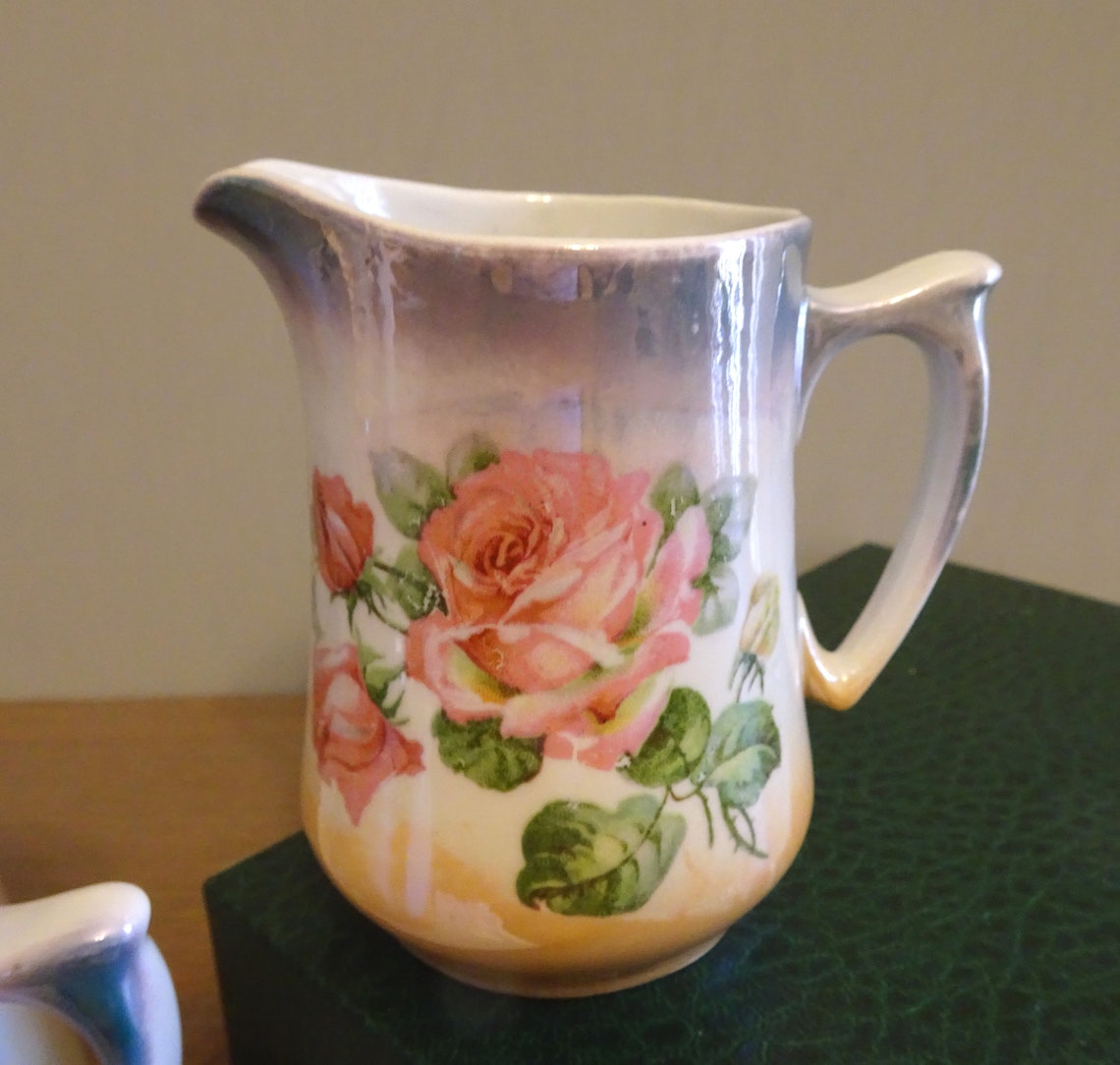 German Lusterware Sugar and Creamer Set Pink Rose Design Teal - Etsy
