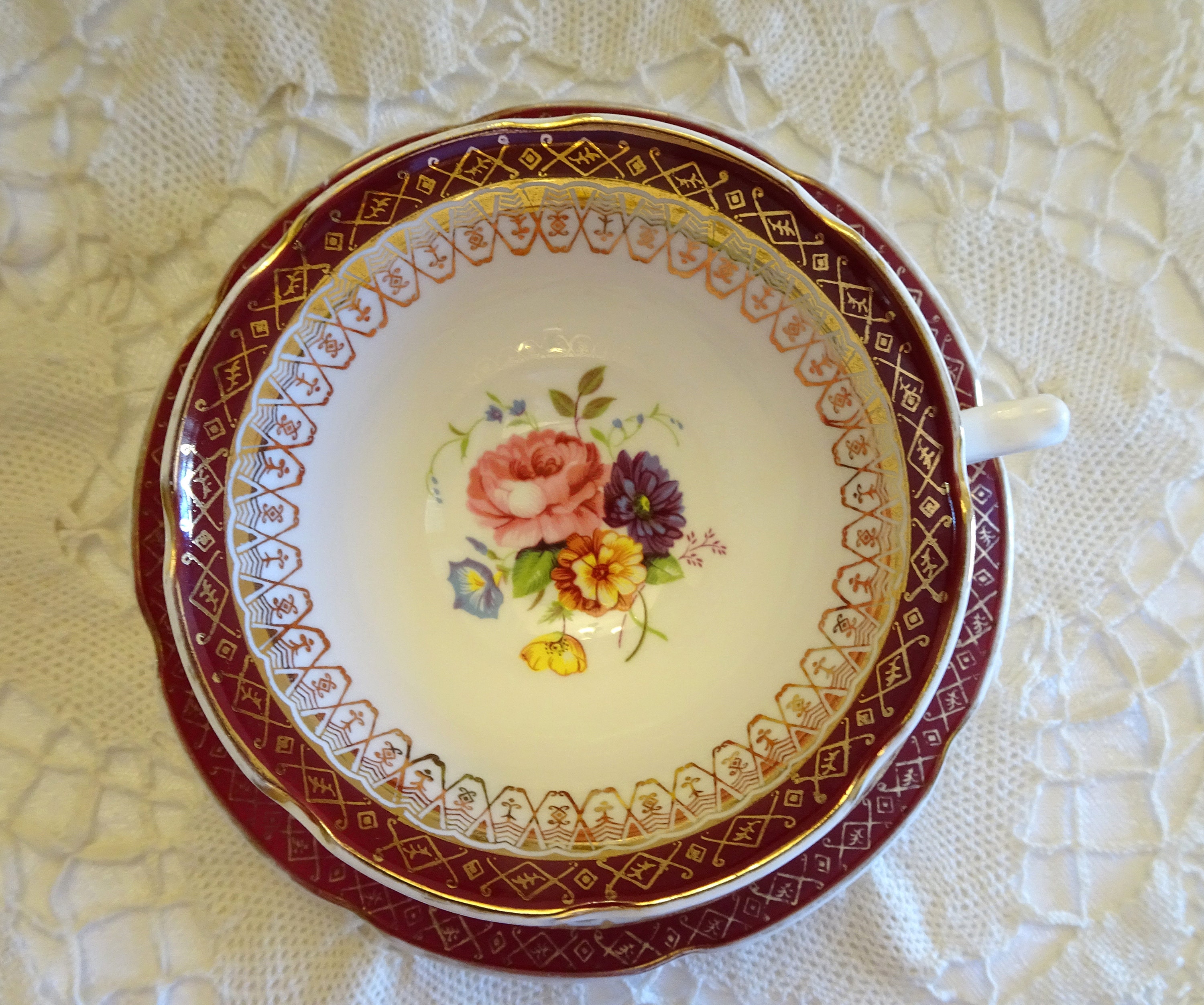 Royal Grafton Burgundy Red Floral Tea Cup and Saucer Hand - Etsy