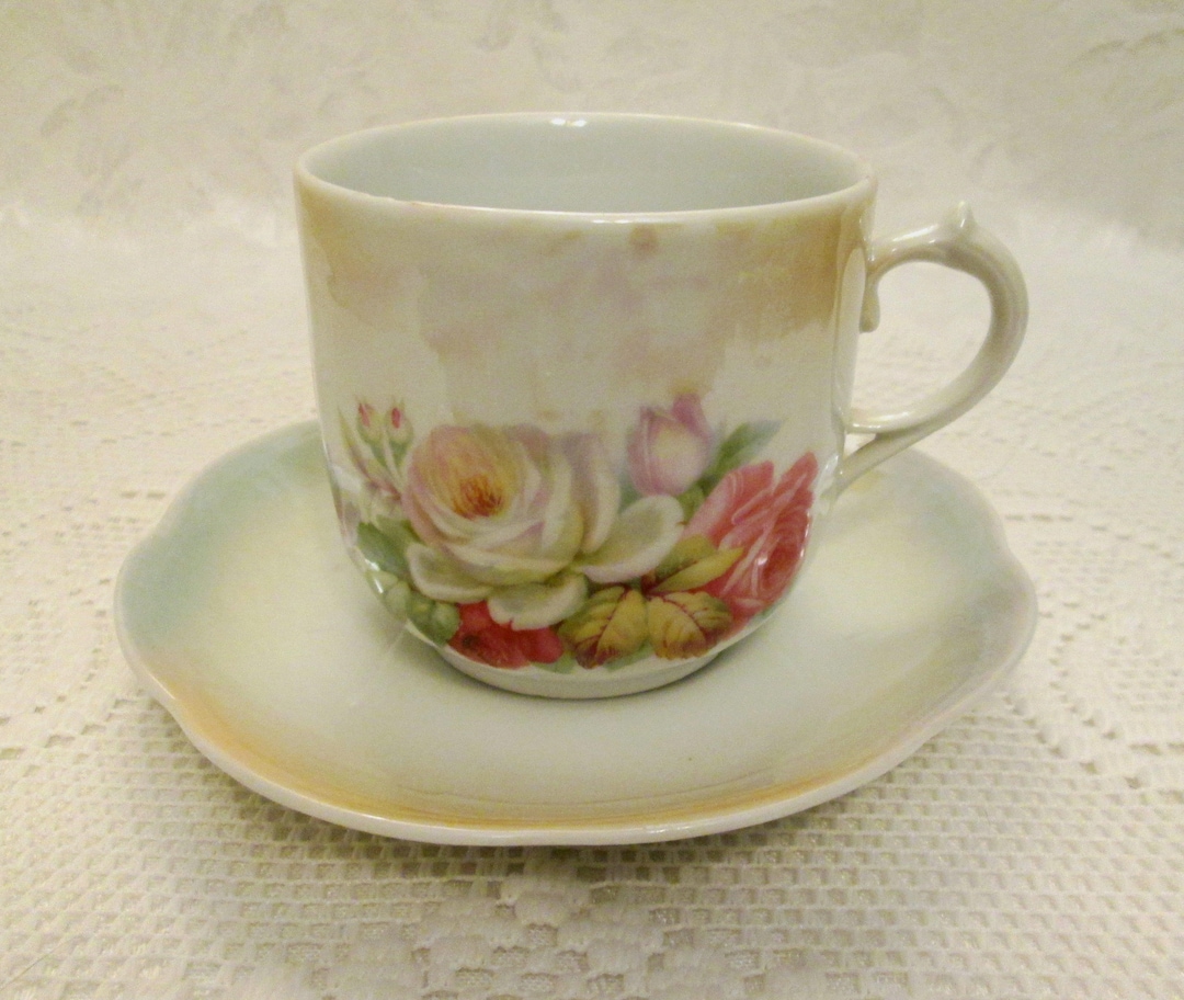 German Lusterware Tea Cup and Saucer With Pink and White Roses, German ...