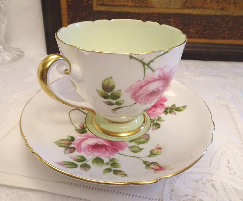 Shelley Rambler Rose Tea Cup and Saucer Green Interior Ripon - Etsy