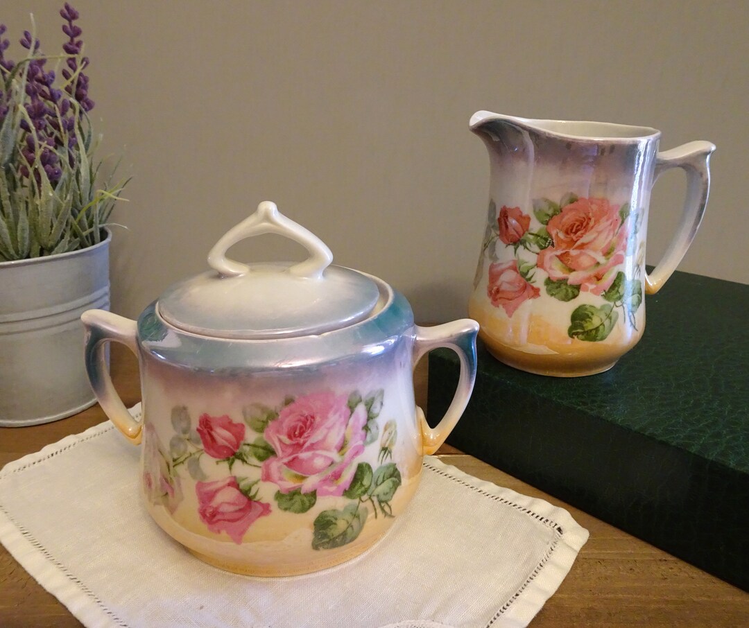 German Lusterware Sugar and Creamer Set Pink Rose Design Teal Green ...