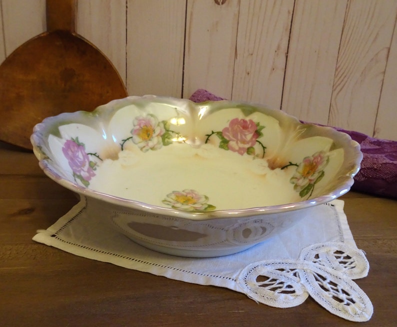 Vintage German Lusterware Serving Bowl With Rose Floral - Etsy