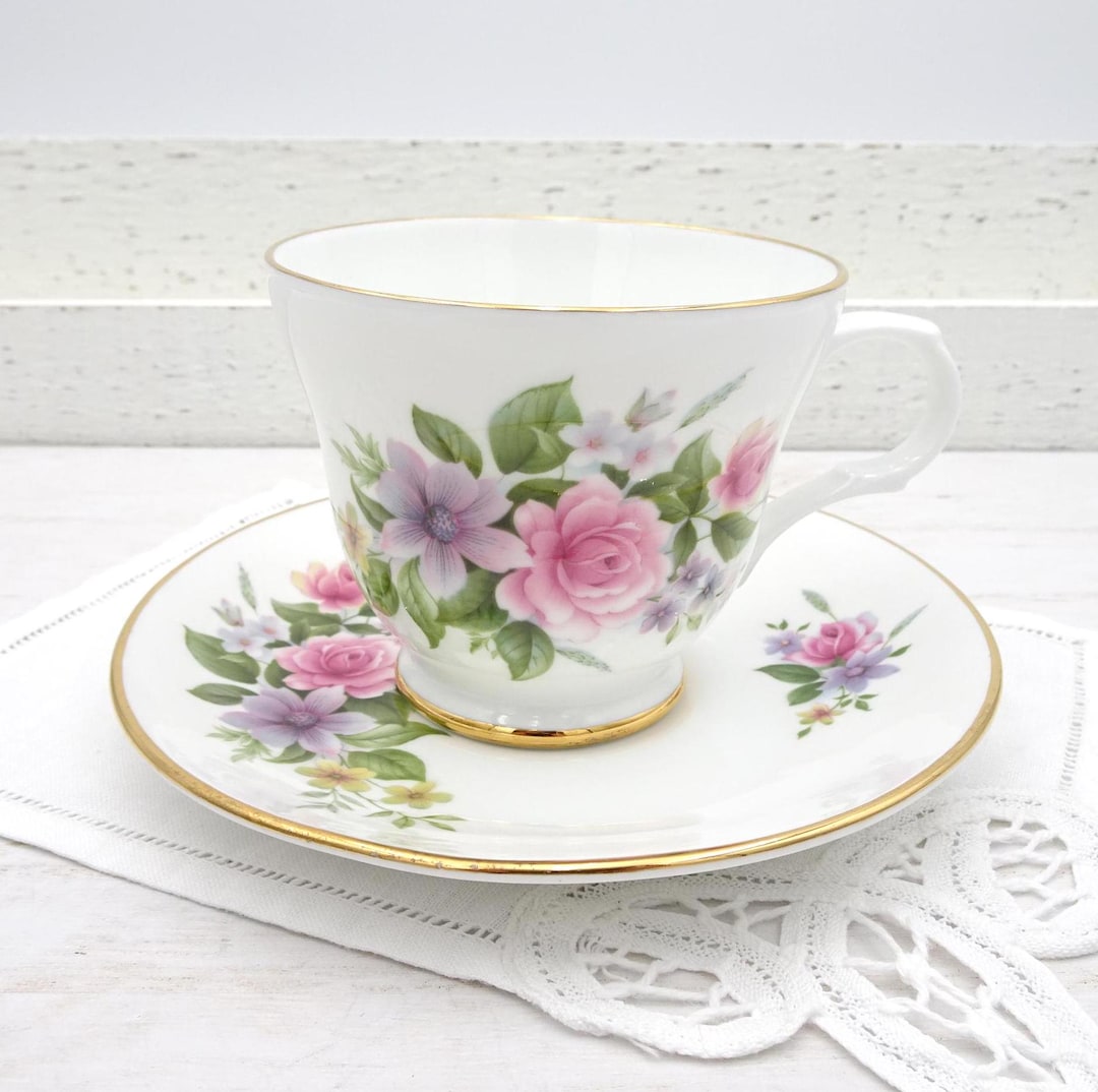 Sadler Wellington Bone China Teacup and Saucer: Pink Rose Floral, Made ...
