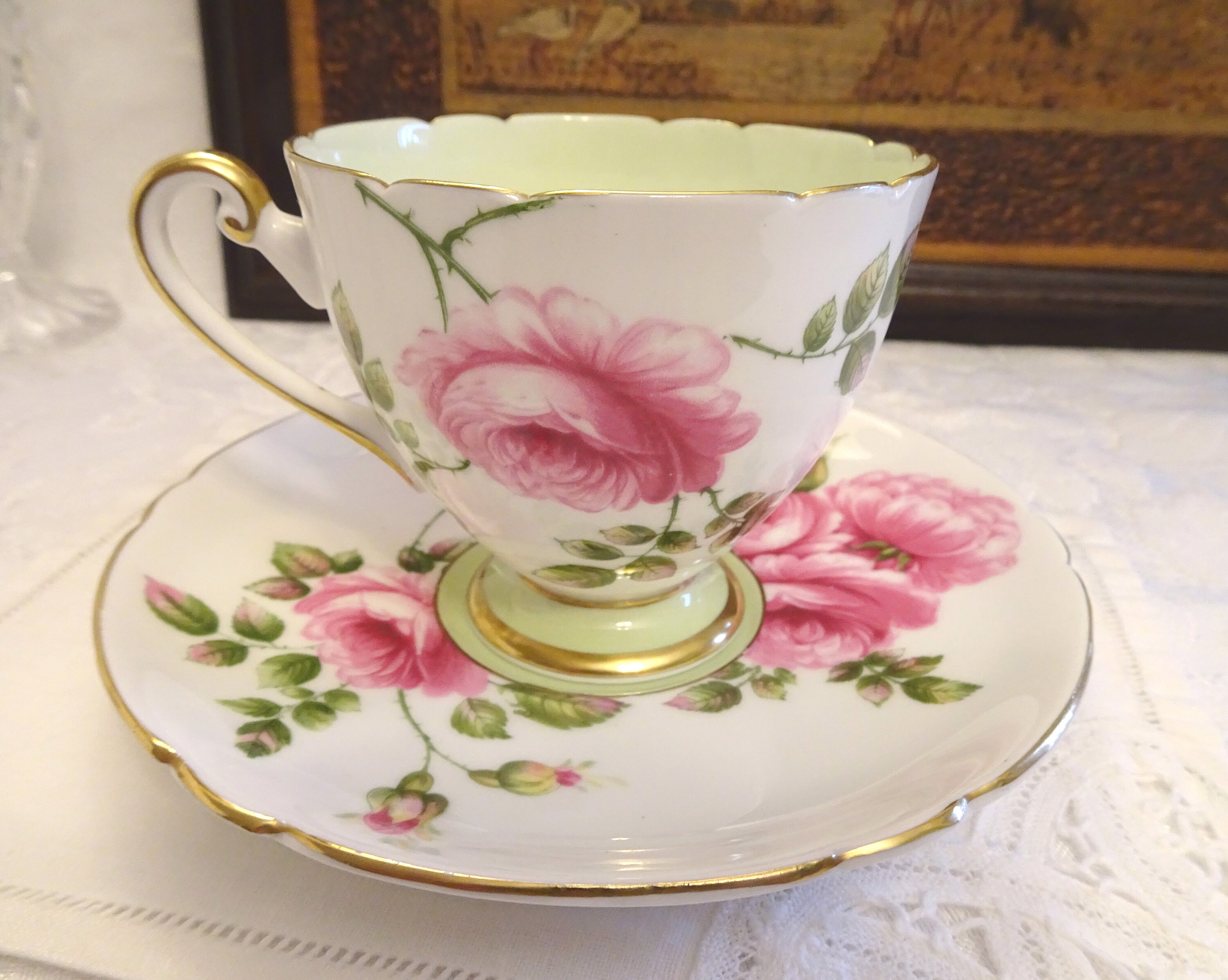 Shelley Rambler Rose Tea Cup and Saucer Green Interior Ripon - Etsy