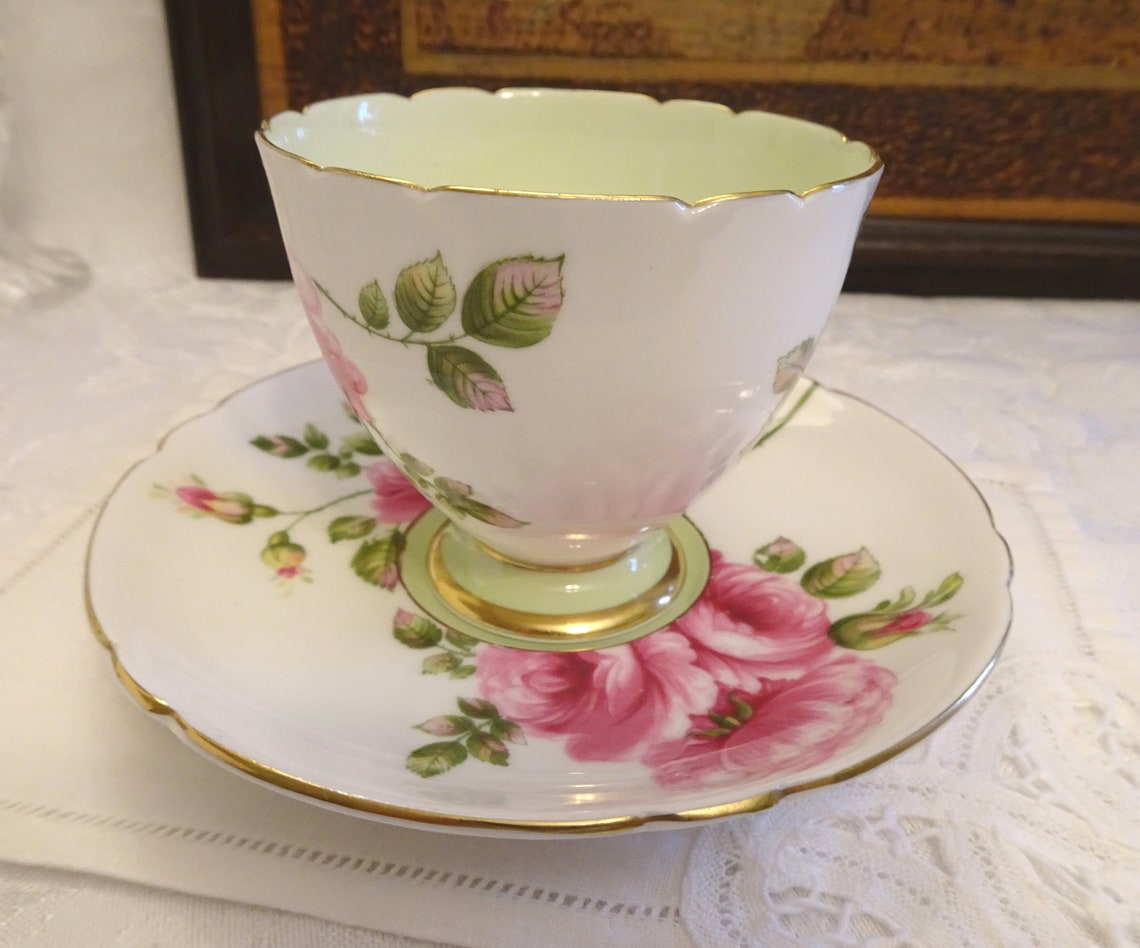 Shelley Rambler Rose Tea Cup and Saucer Green Interior Ripon - Etsy