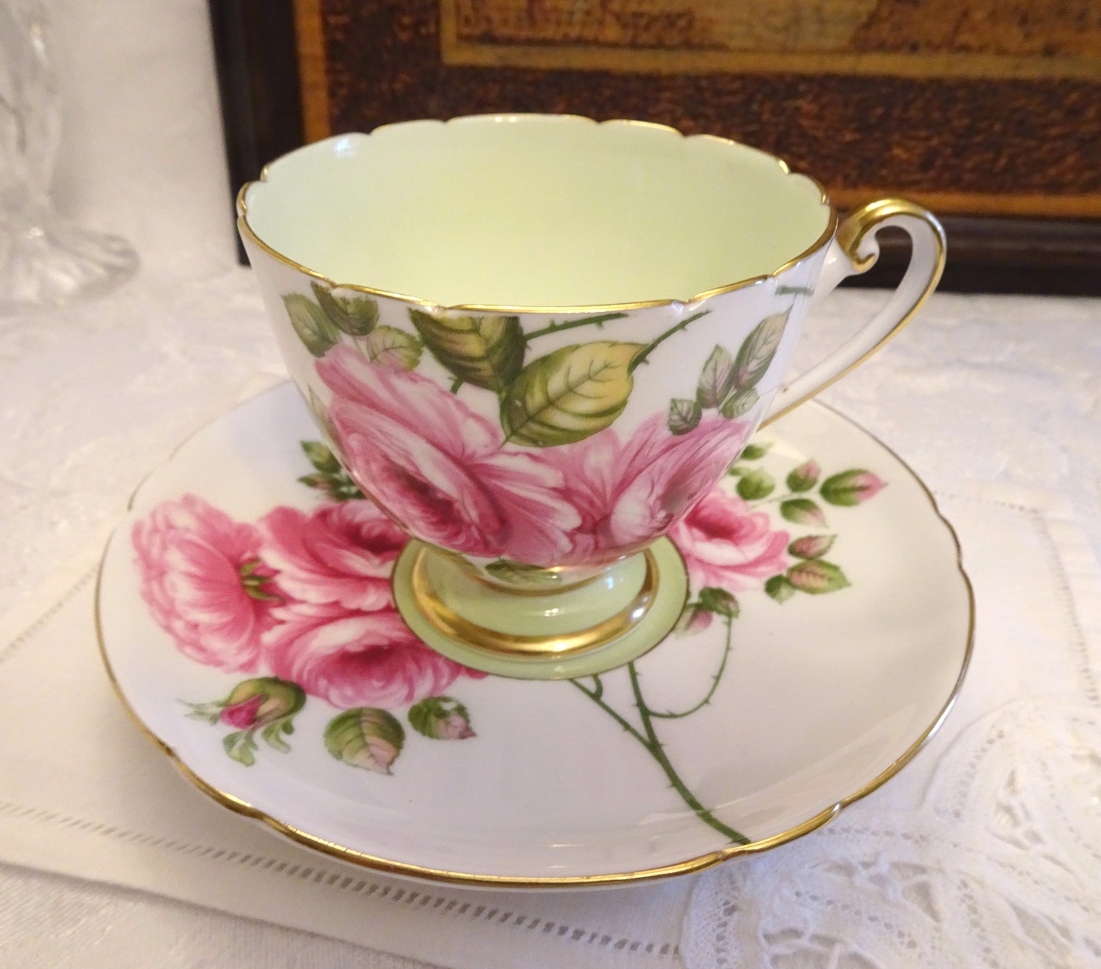 Shelley Rambler Rose Tea Cup and Saucer Green Interior Ripon - Etsy