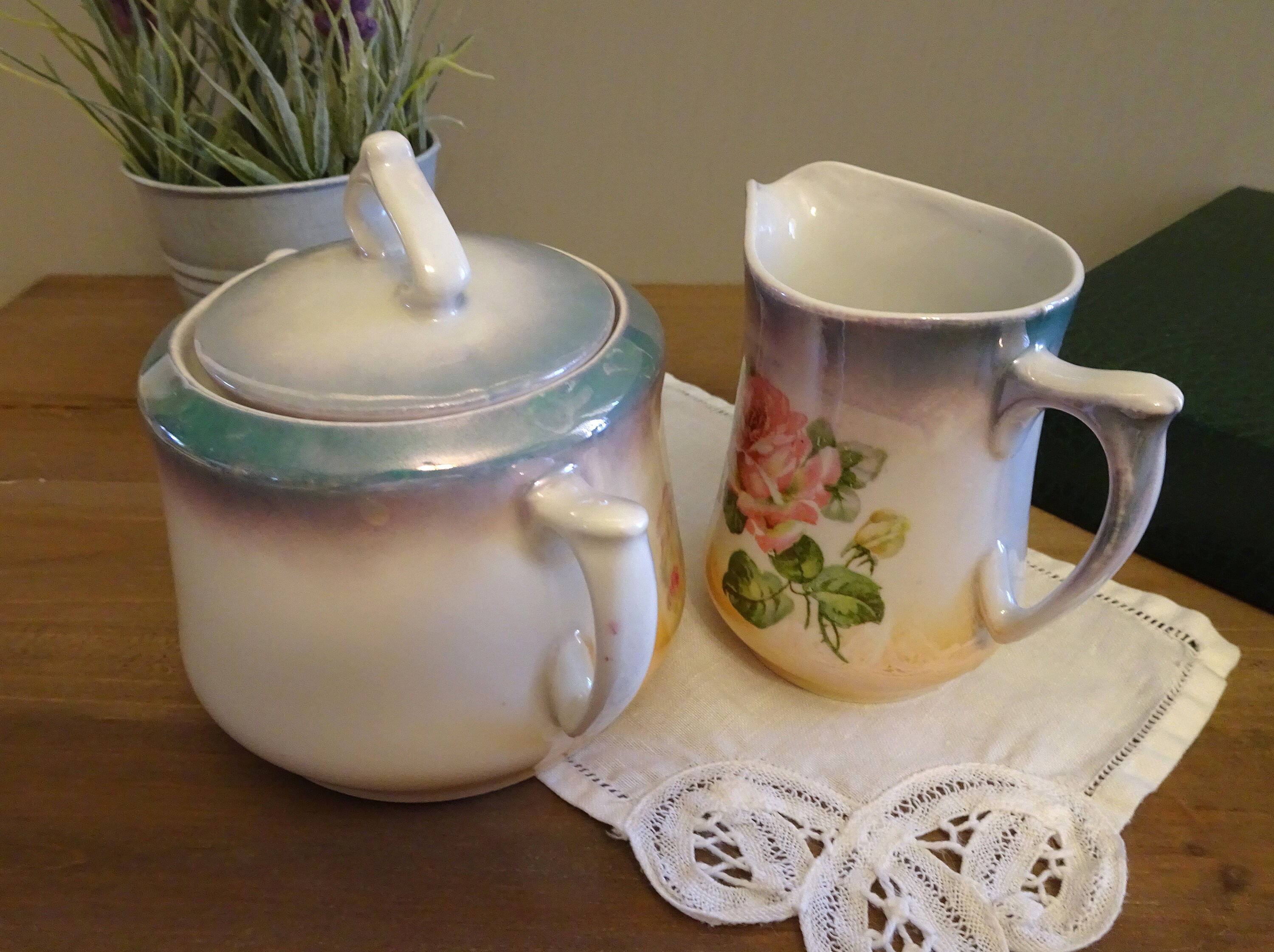 German Lusterware Sugar and Creamer Set Pink Rose Design Teal - Etsy
