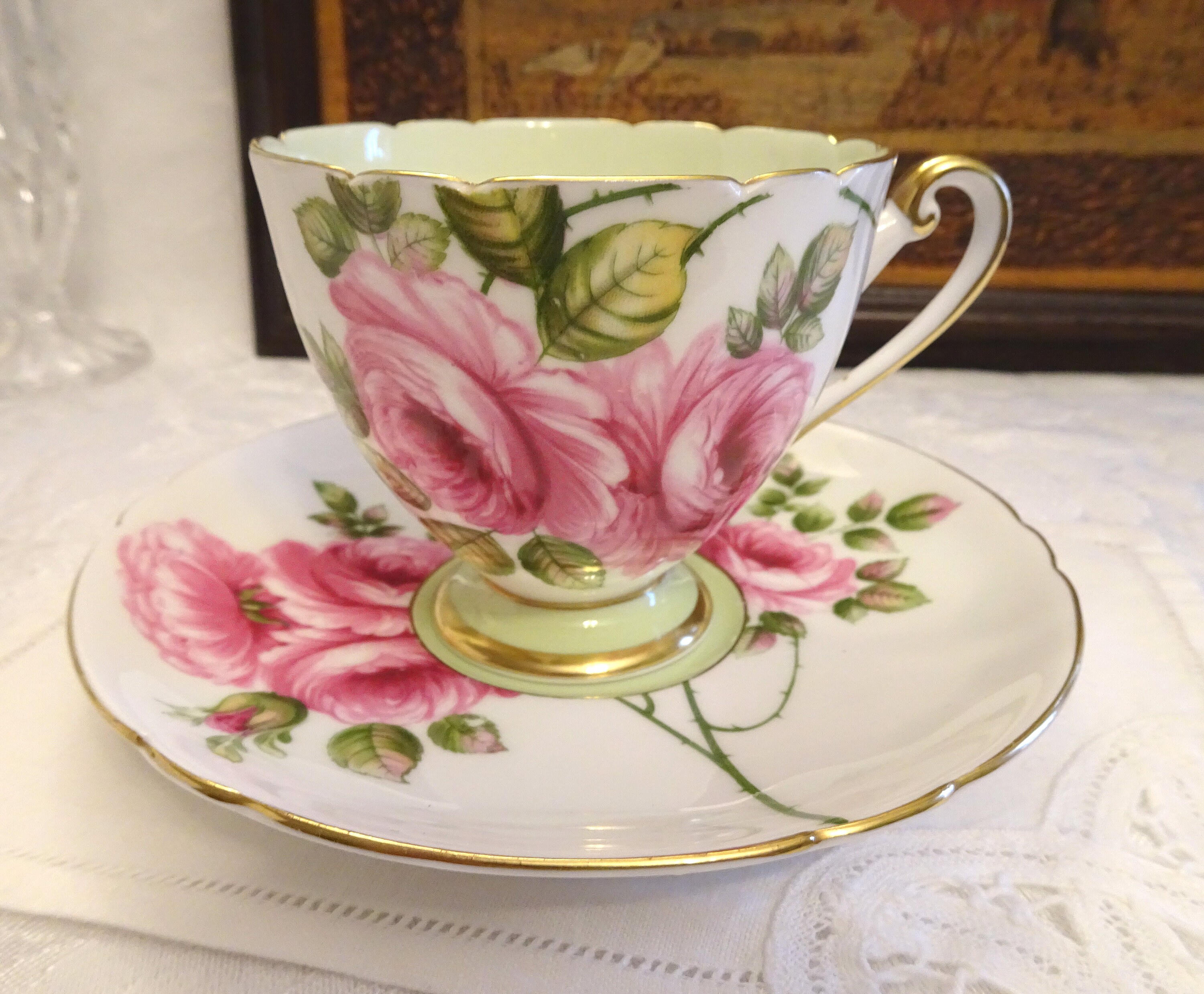 Shelley Rambler Rose Tea Cup and Saucer Green Interior Ripon - Etsy