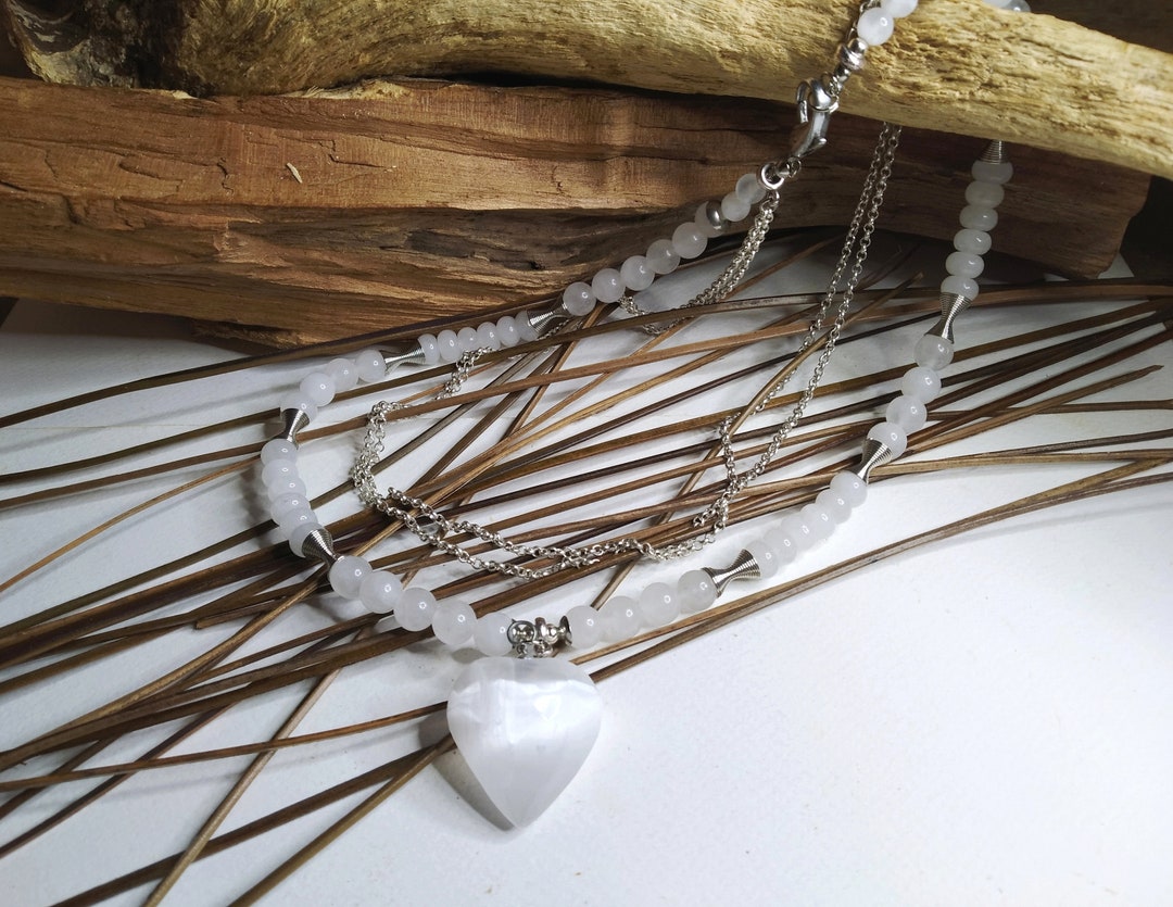 Milky Agate Necklace and Quartz Heart Pendant, Bright White, Clear and ...