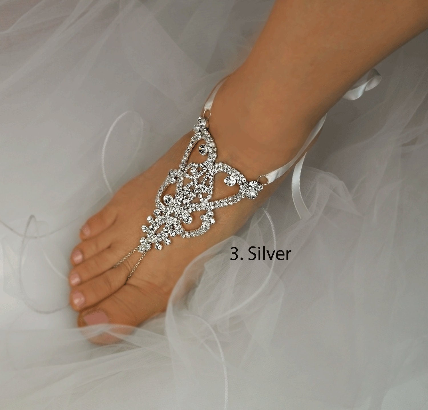 Rhinestone Wedding Barefoot Sandals, Silver Foot Jewelry - Etsy