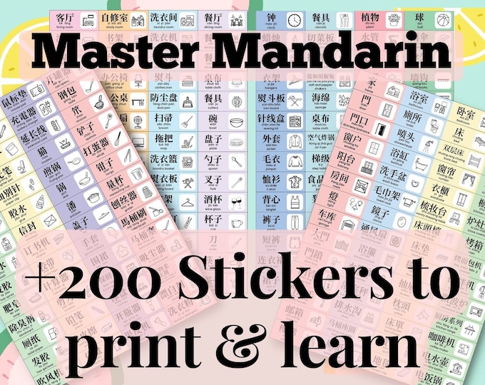 Mandarin Chinese Learning Stickers/cards - 4 Sheets +220 Words Every ...
