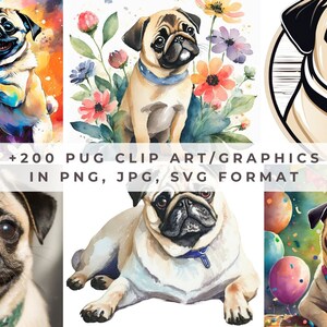 Pug 200+ Clip Art Graphics! SVG, PNG, JPG for Craft/digital Designs and ...