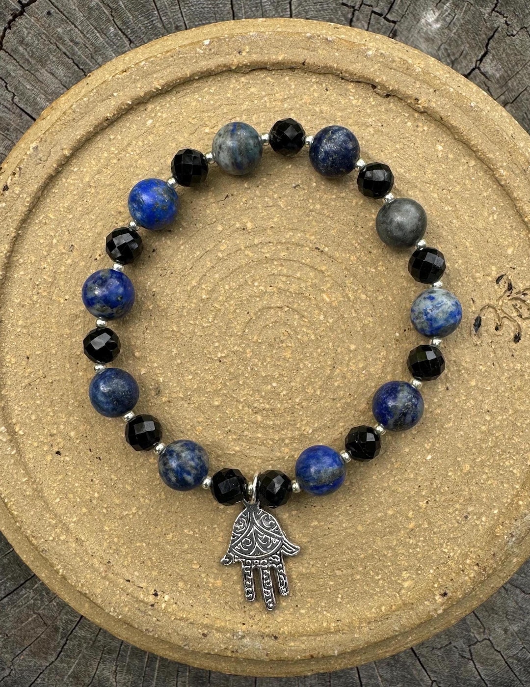 Lapis, Black Tourmaline With Hamsa Hand Charm Beaded Stretchy Gemstone ...