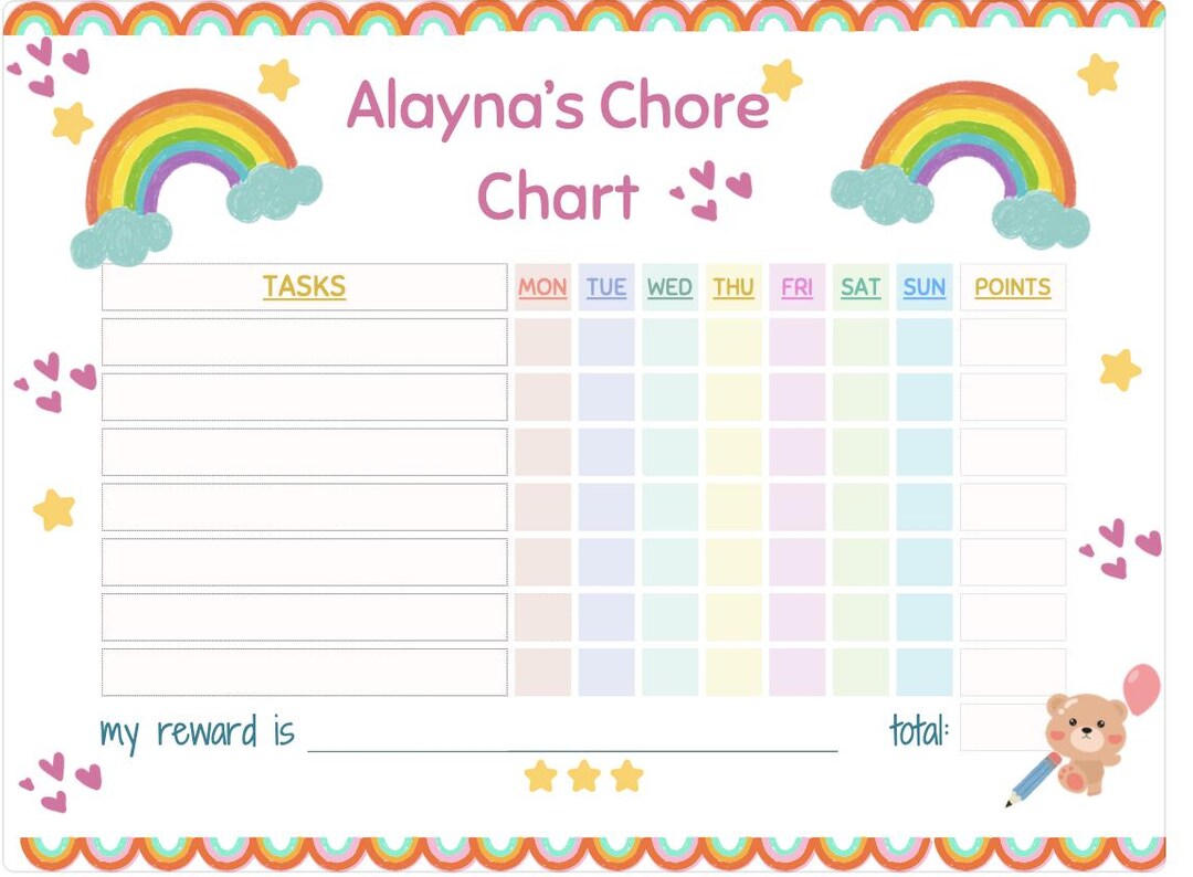 Printable Chore Chart for Girls | Customizable Weekly Task Tracker ...