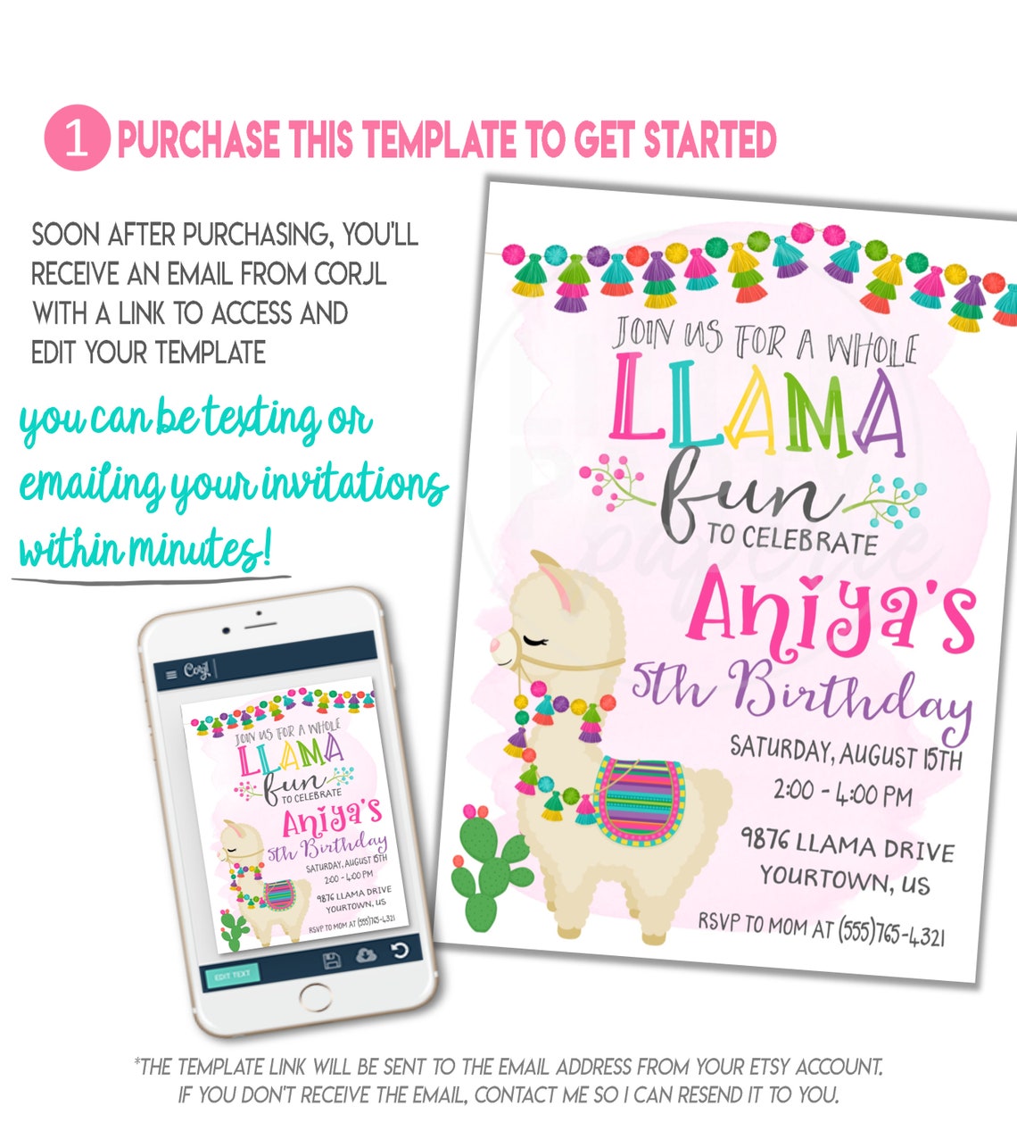 EDITABLE Llama Birthday Invitation Template, Whole Llama Fun, Cactus ...