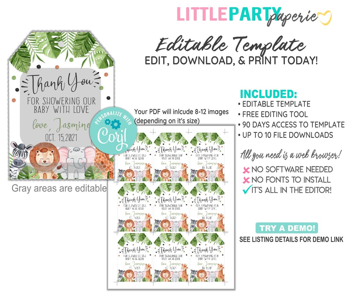 EDITABLE Safari Favor Tags Safari Thank You Tags Baby Shower | Etsy