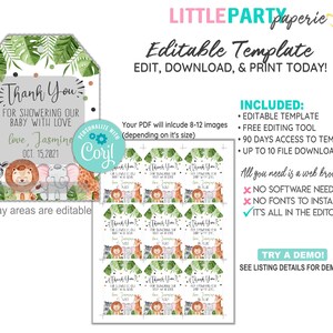 EDITABLE Safari Favor Tags, Safari Thank You Tags, Baby Shower Thank ...