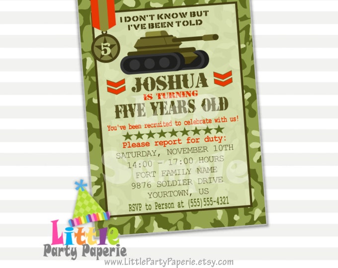 Army Birthday Invitation Army Tank Camouflage Camo Design 15025 - Etsy