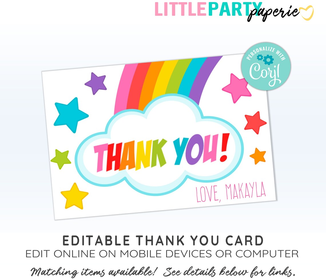 Editable RAINBOW Thank You Cards, Rainbow Printables, EDITABLE Rainbow ...