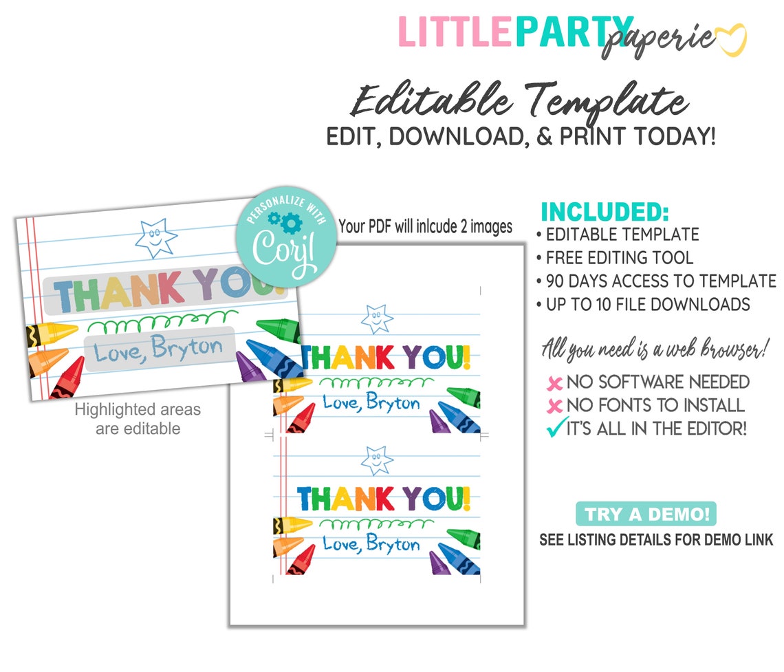 Editable CRAYONS Thank You Cards, Rainbow Crayons Thank You Card ...