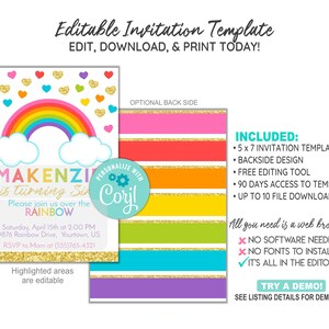 EDITABLE Rainbow Birthday Invitation Template With Gold Glitter ...