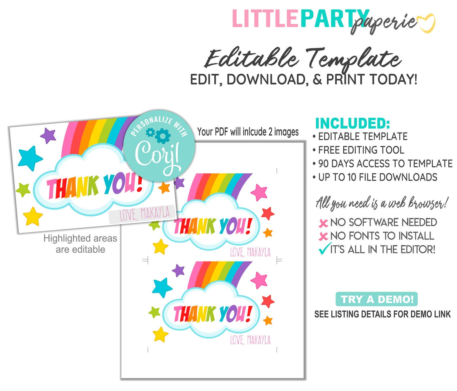 Editable RAINBOW Thank You Cards, Rainbow Printables, EDITABLE Rainbow ...