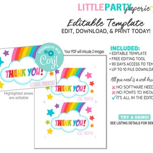 Editable RAINBOW Thank You Cards, Rainbow Printables, EDITABLE Rainbow ...
