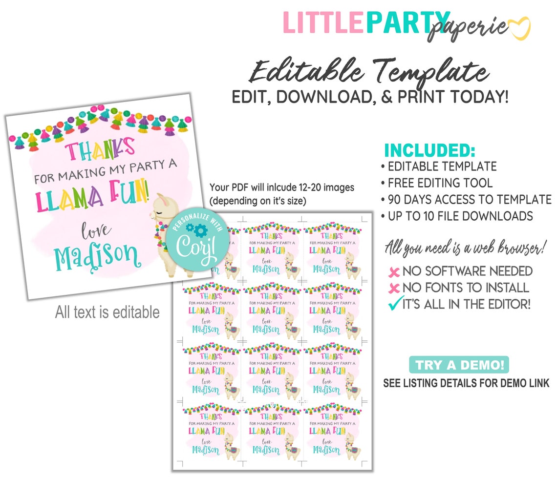 Editable LLAMA Favor Tags Thank You Tags Llama Birthday - Etsy