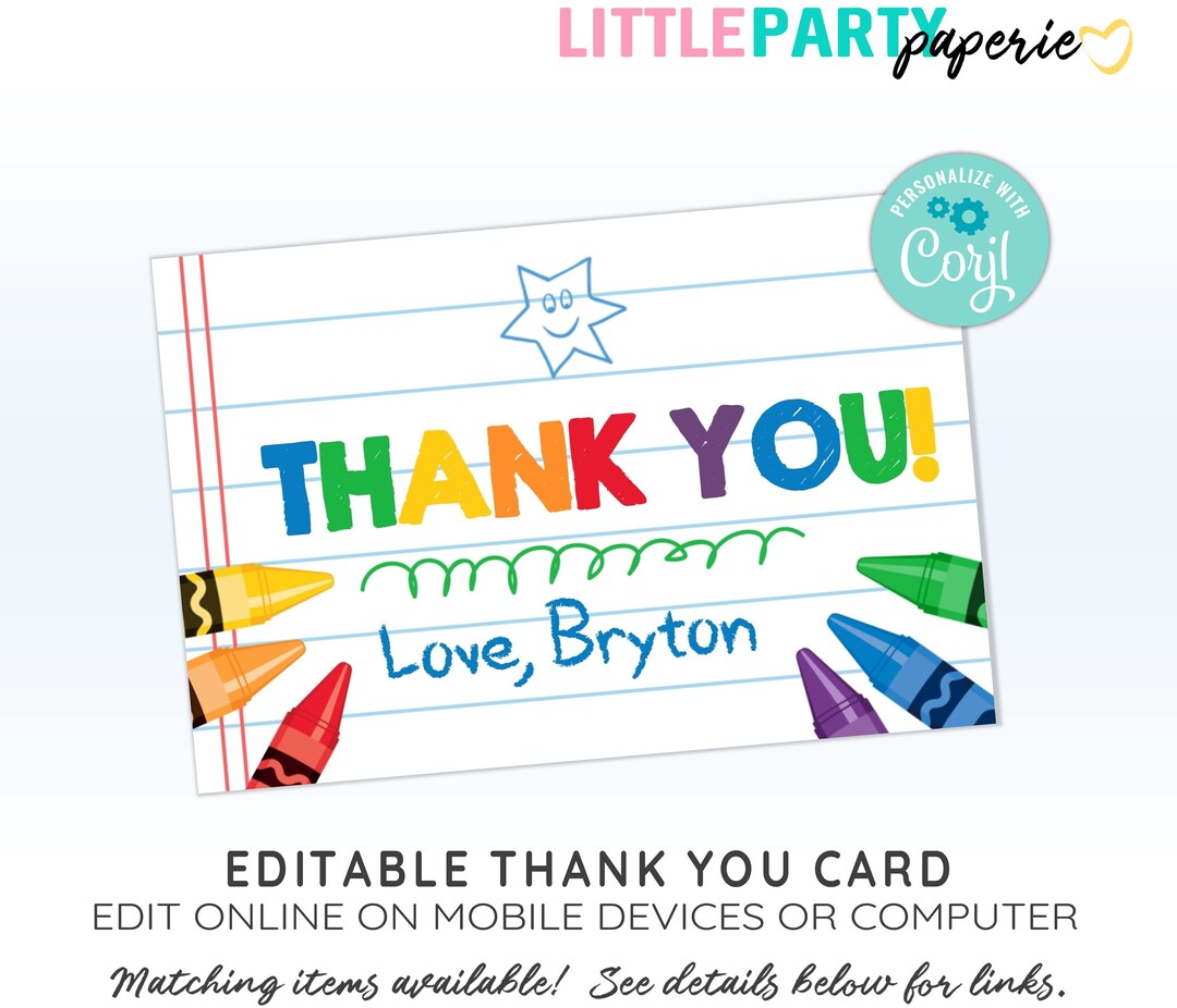 Editable CRAYONS Thank You Cards, Rainbow Crayons Thank You Card ...