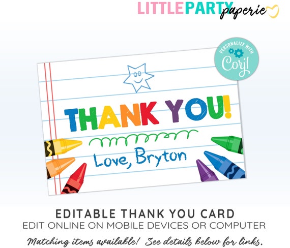 Editable CRAYONS Thank You Cards, Rainbow Crayons Thank You Card ...