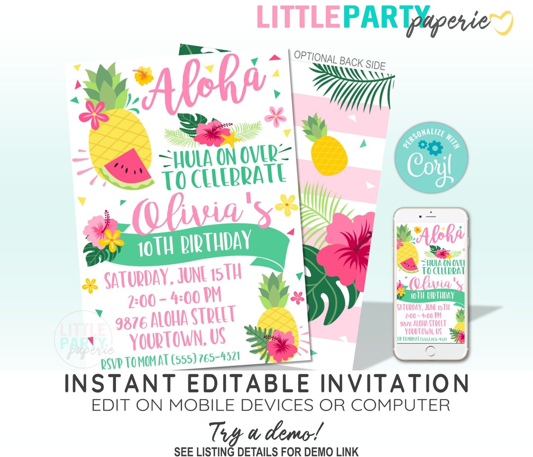 EDITABLE Aloha Birthday Invitation Template, Tropical Hawaiian Luau ...