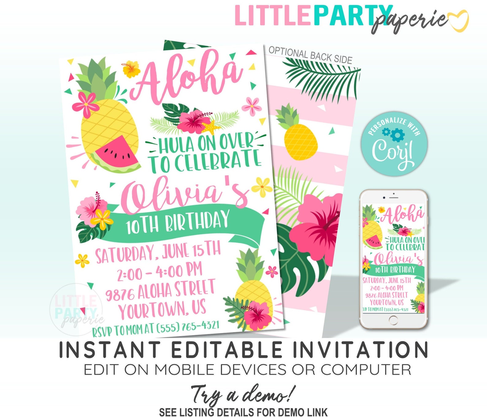 EDITABLE Aloha Birthday Invitation Template Tropical Hawaiian - Etsy