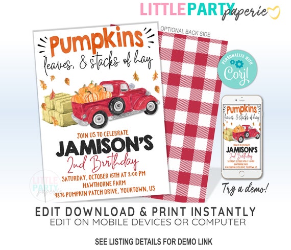 EDITABLE Pumpkin Truck Birthday Invitation Template , Pumpkin ...