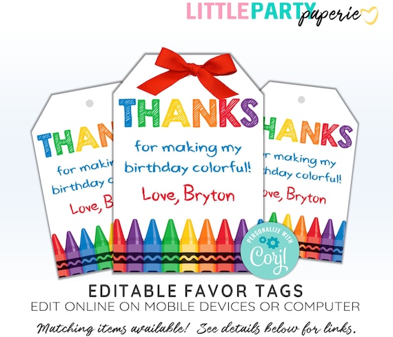 Editable CRAYON Favor Tags, Crayon Thank You Tags, Editable Crayon ...