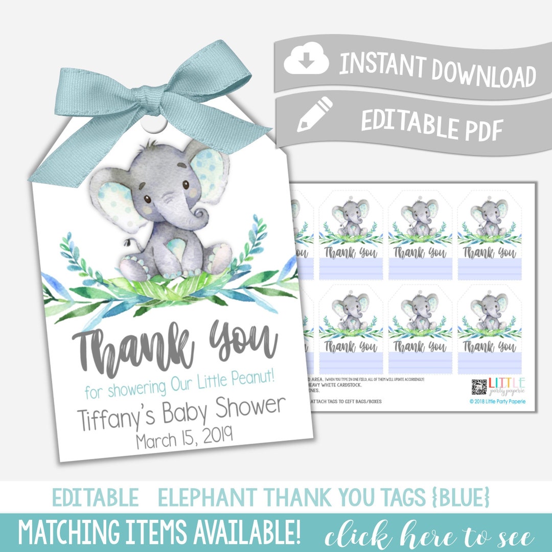Elephant Thank You Tag, Blue Elephant Thank You Tag, EDITABLE Thank You ...