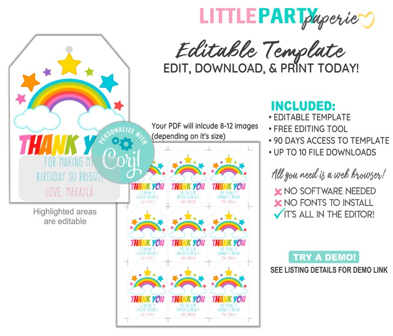 Editable RAINBOW Favor Tags, Rainbow Printables, EDITABLE Rainbow ...