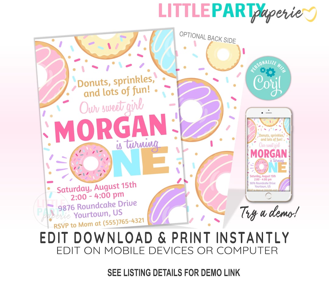 EDITABLE Donut First Birthday Invitation Template, Donut Grow up 1st ...