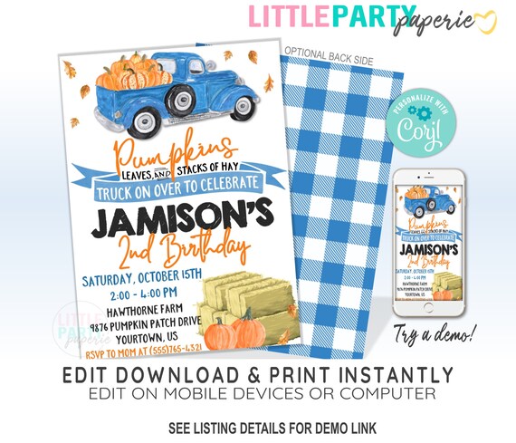 EDITABLE Pumpkin Truck Birthday Invitation Template , Pumpkin ...