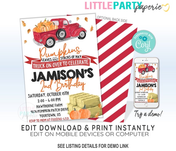 EDITABLE Pumpkin Truck Birthday Invitation Template , Pumpkin ...