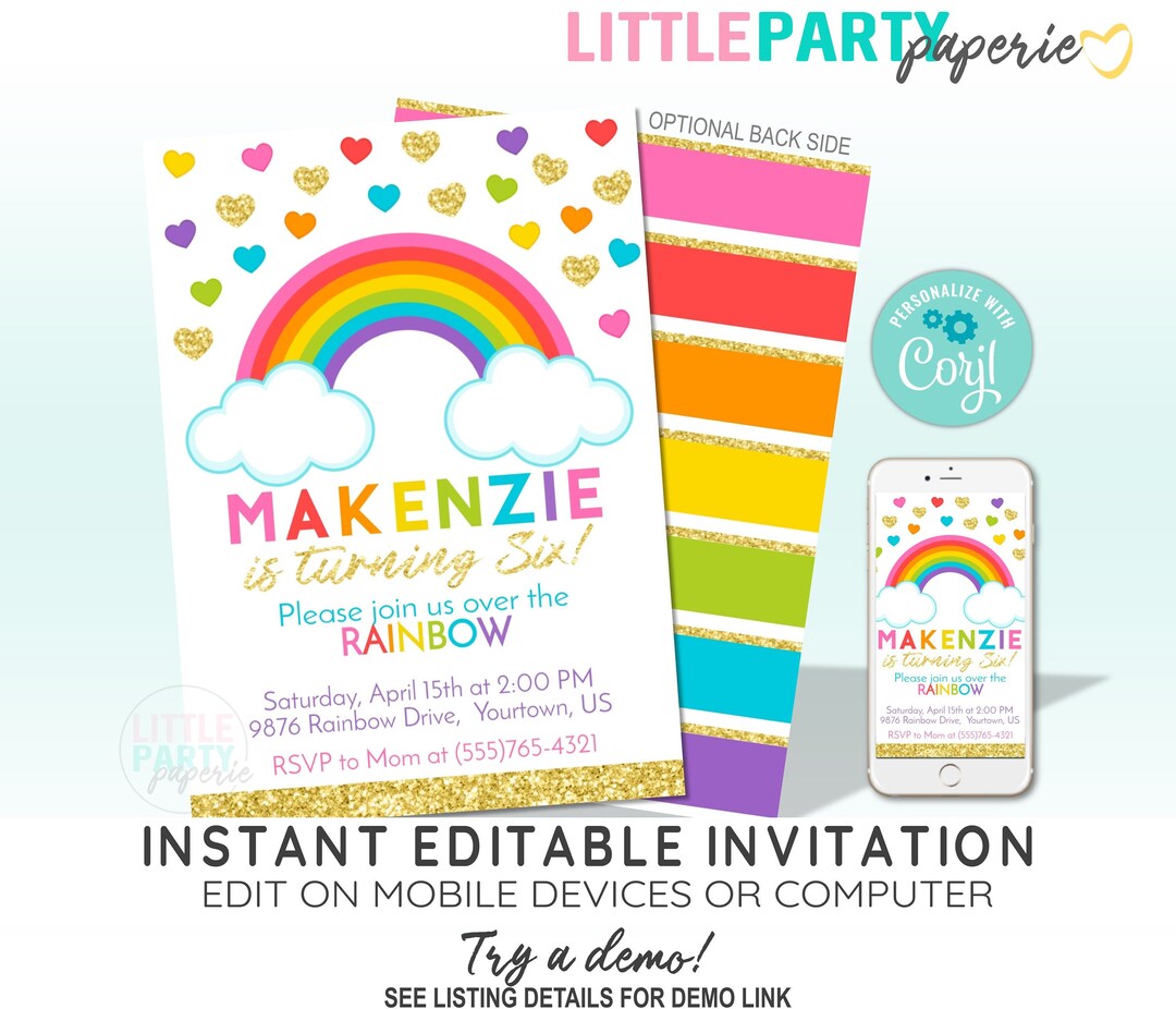 EDITABLE Rainbow Birthday Invitation Template With Gold Glitter ...