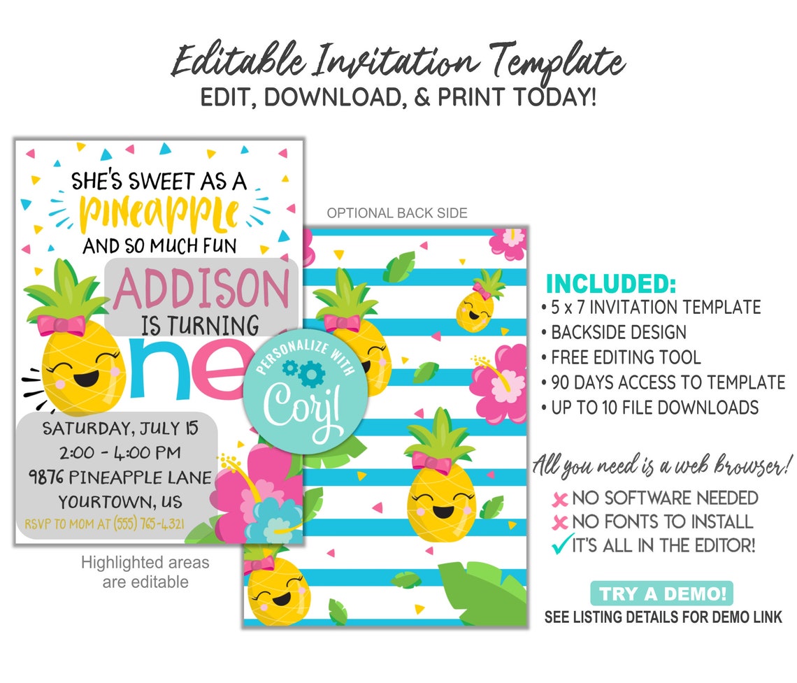 EDITABLE Pineapple 1st Birthday Invitation Template, Tropical Pineapple ...