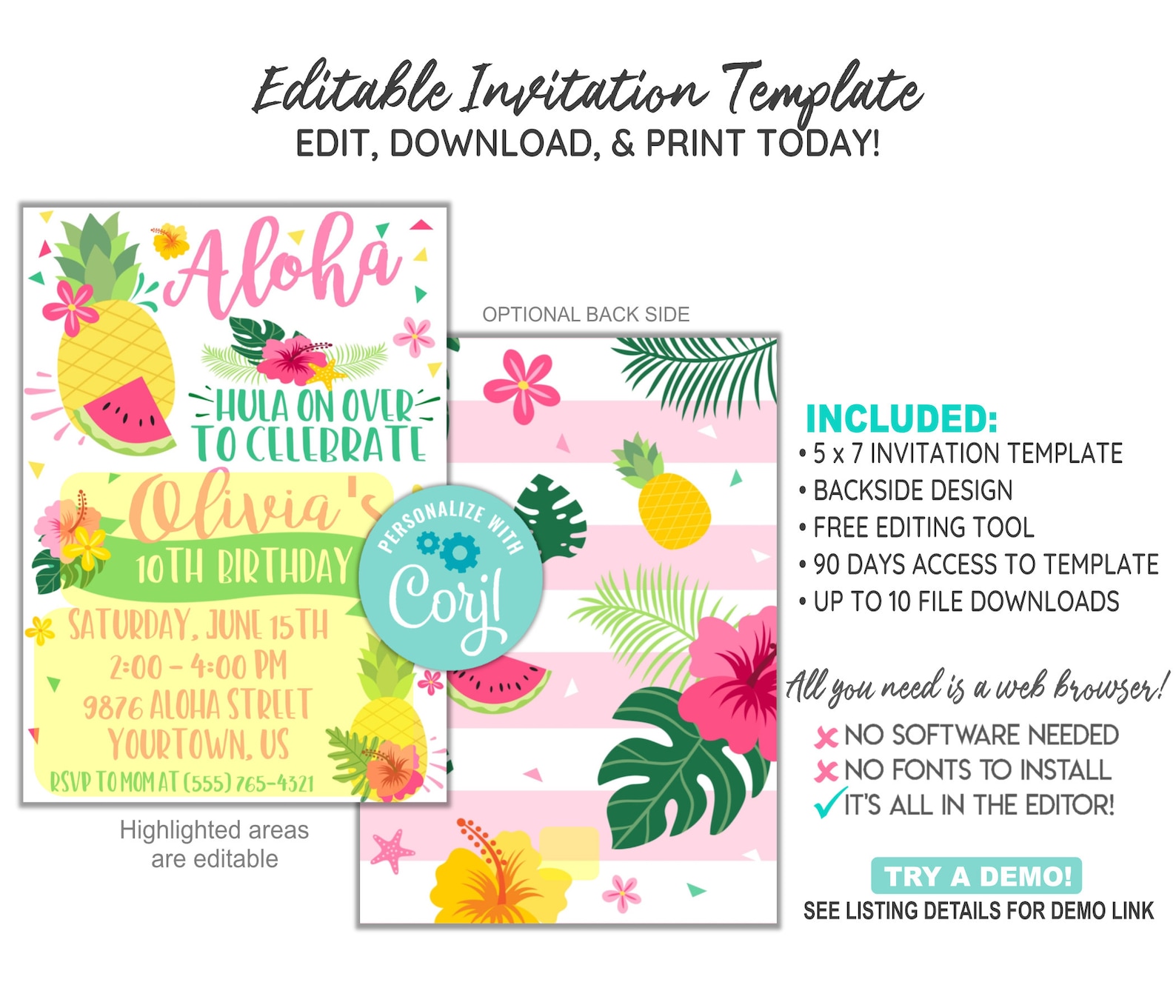 EDITABLE Aloha Birthday Invitation Template Tropical Hawaiian - Etsy