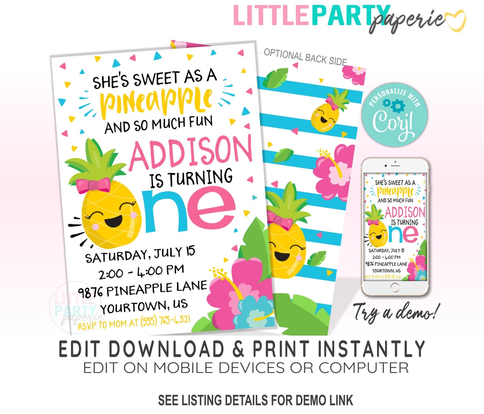EDITABLE Pineapple 1st Birthday Invitation Template Tropical - Etsy