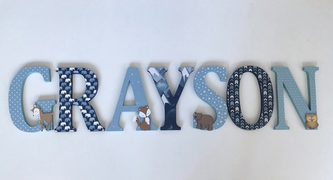 Woodland Forest Animals Wood Letters-nursery Decor- Navy Blue & Aqua ...